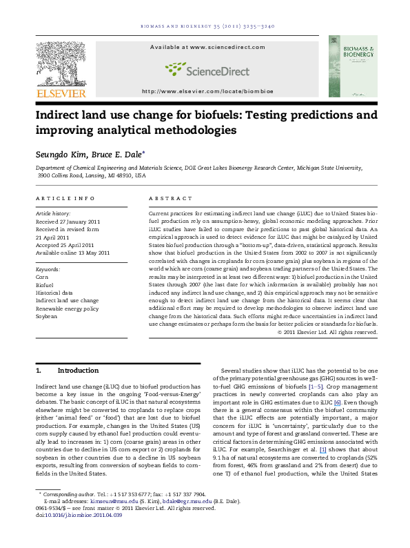 (PDF) Indirect land use change for biofuels: Testing predictions and ...