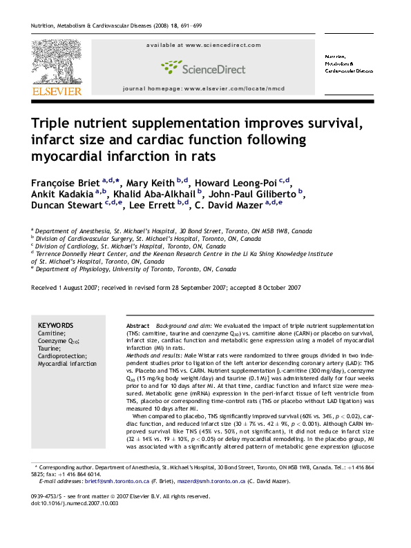 (PDF) Triple nutrient supplementation improves survival, infarct size ...
