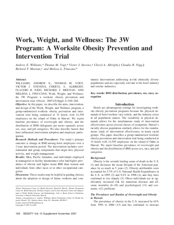 (PDF) Work, Weight, and Wellness: The 3W Program: A Worksite Obesity ...