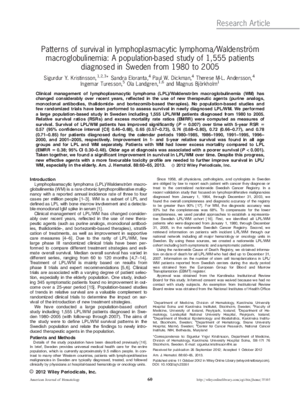 (PDF) Patterns of survival in lymphoplasmacytic lymphoma/waldenström macroglobulinemia: A ...