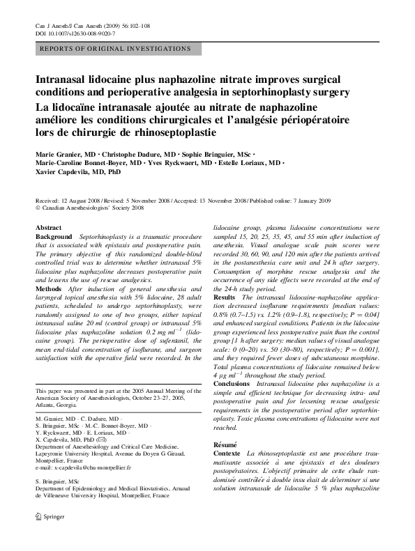 (PDF) Intranasal lidocaine plus naphazoline nitrate improves surgical ...