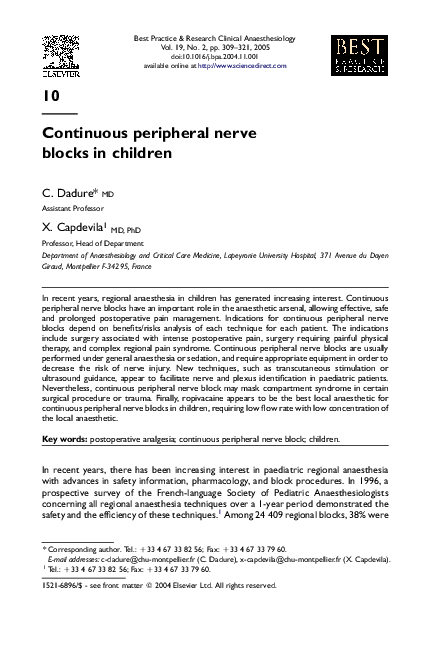 (PDF) Continuous peripheral nerve blocks in children