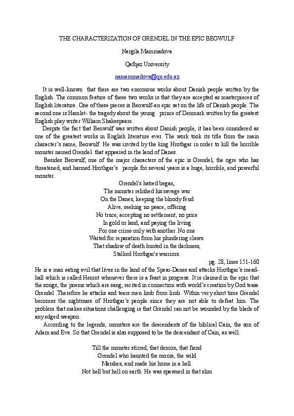 (DOC) THE CHARACTERIZATION OF GRENDEL IN THE EPIC BEOWULF