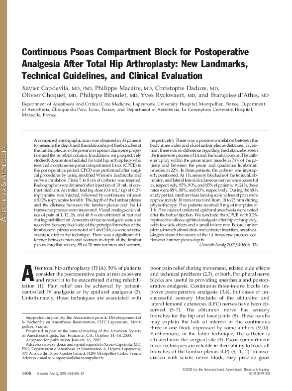 (PDF) Continuous Psoas Compartment Block for Postoperative Analgesia ...