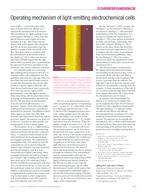 (PDF) Operating mechanism of light-emitting electrochemical cells