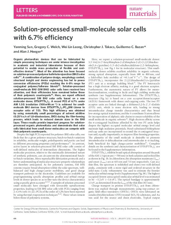 (PDF) Solution-processed small-molecule solar cells with 6.7% efficiency