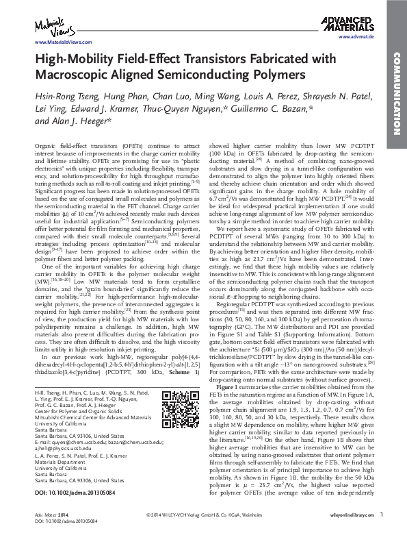 (PDF) High-Mobility Field-Effect Transistors Fabricated with Macroscopic Aligned Semiconducting ...