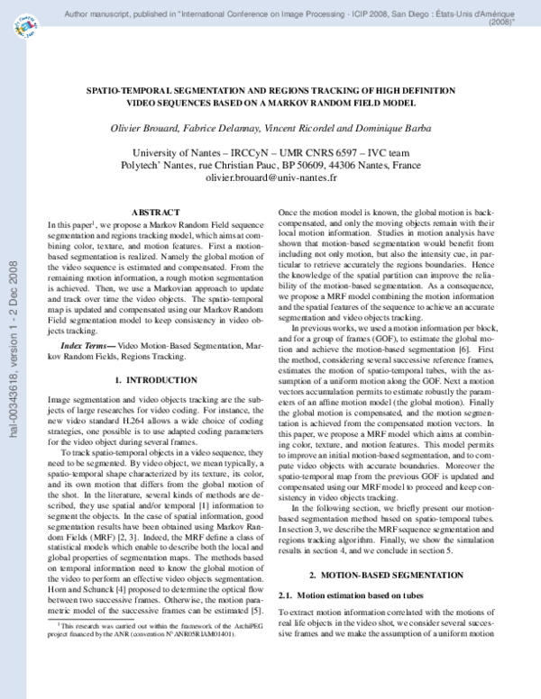 (PDF) Spatio-temporal segmentation and regions tracking of high definition video sequences based ...
