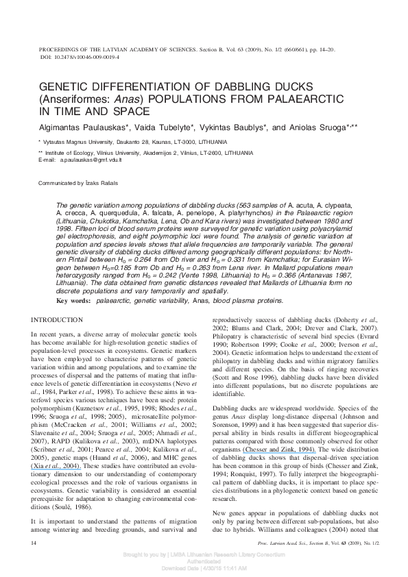 (PDF) Genetic Differentiation of Dabbling Ducks (Anseriformes: Anas ...