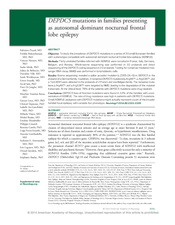 (PDF) DEPDC5 mutations in families presenting as autosomal dominant nocturnal frontal lobe epilepsy