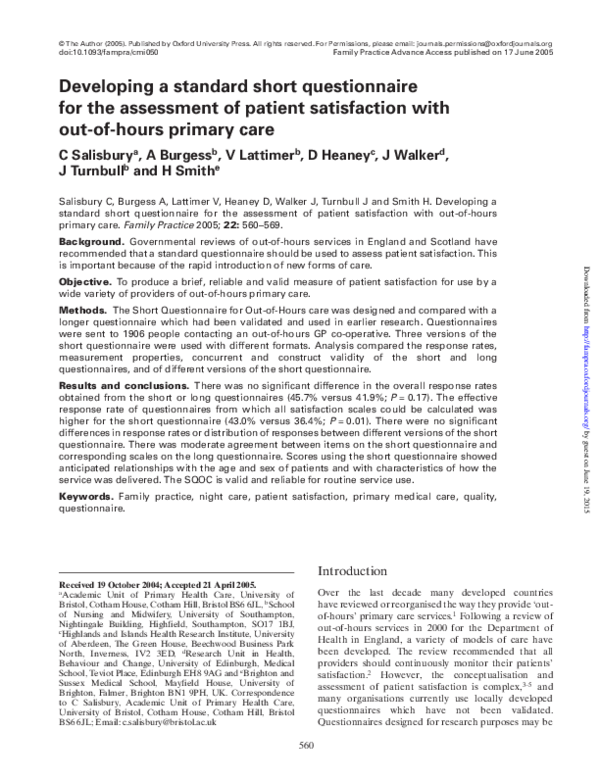 (PDF) Developing a standard short questionnaire for the assessment of ...