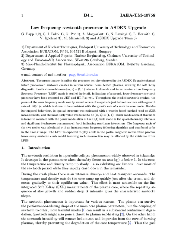 (PDF) Low frequency sawtooth precursor activity in ASDEX Upgrade ...