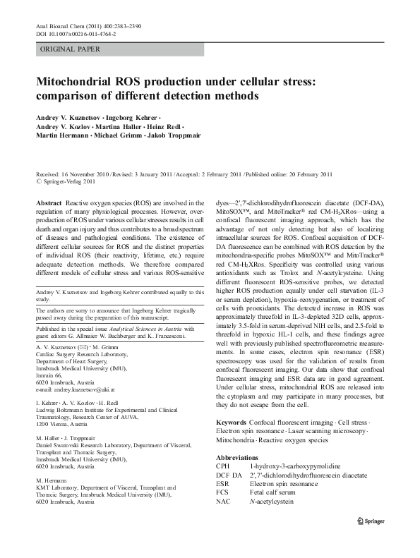 (PDF) Mitochondrial ROS production under cellular stress: comparison of ...