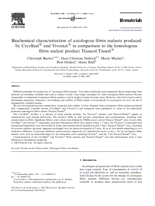(PDF) Biochemical characterization of autologous fibrin sealants ...