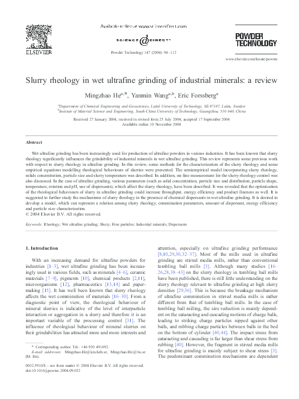 (PDF) Slurry rheology in wet ultrafine grinding of industrial minerals ...