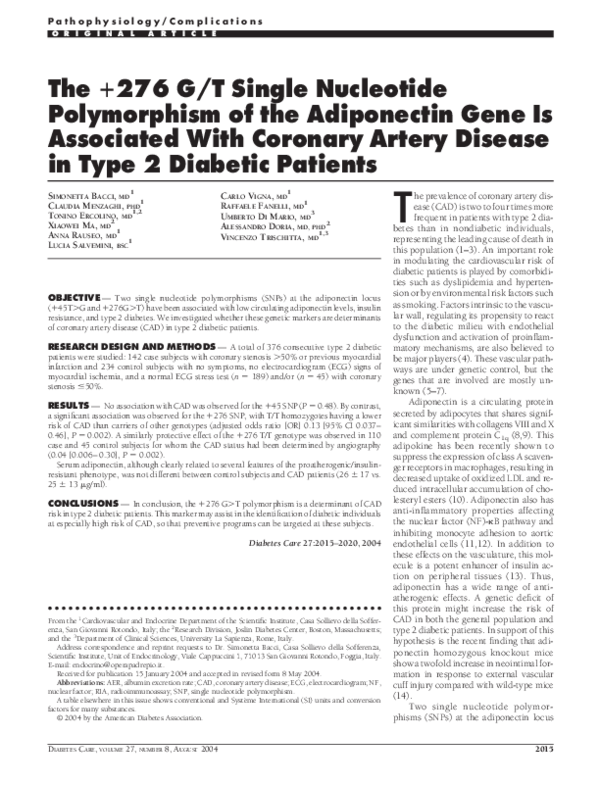 (PDF) The +276 G/T Single Nucleotide Polymorphism of the Adiponectin Gene Is Associated With ...