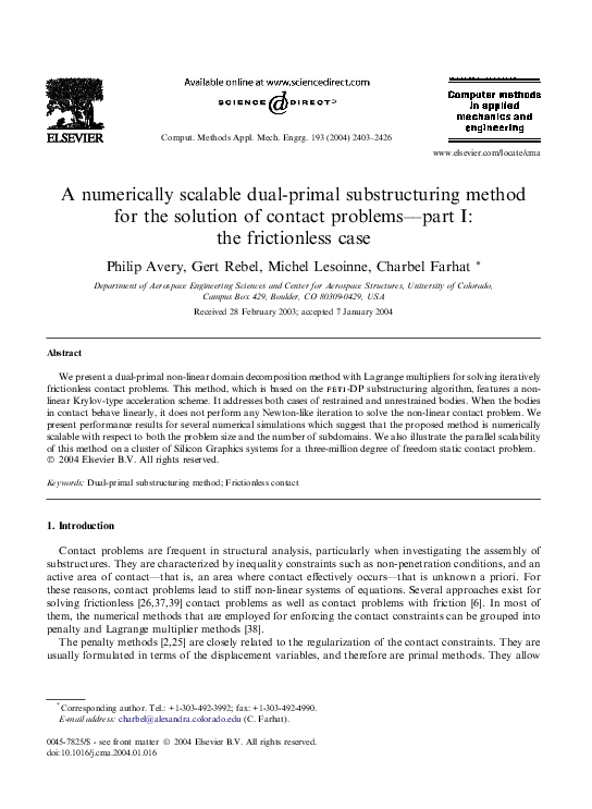 Pdf A Numerically Scalable Dual Primal Substructuring Method For The Solution Of Contact