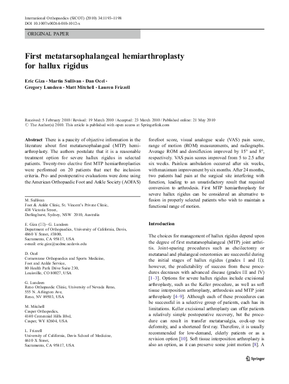 (PDF) First metatarsophalangeal hemiarthroplasty for hallux rigidus