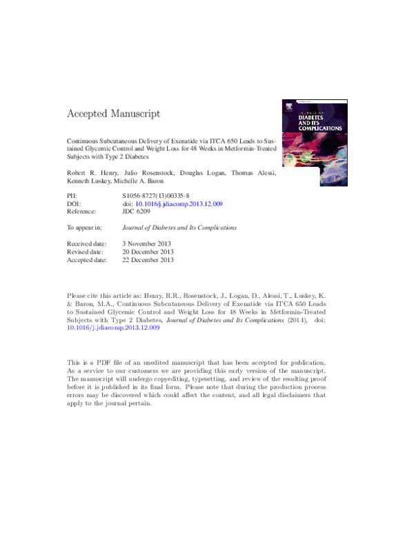 (PDF) Continuous subcutaneous delivery of exenatide via ITCA 650 leads ...