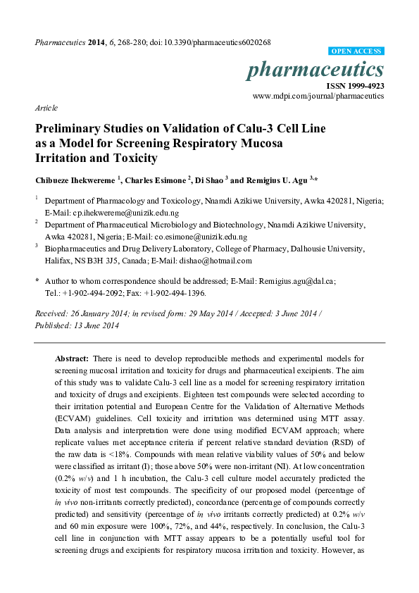 (PDF) Preliminary Studies on Validation of Calu-3 Cell Line as a Model ...