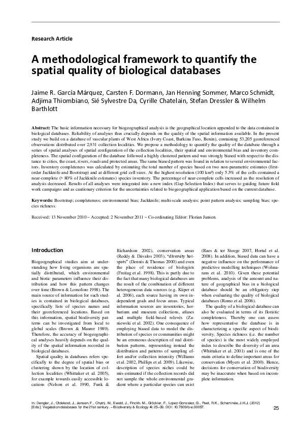 Pdf A Methodological Framework To Quantify The Spatial Quality Of Biological Databases