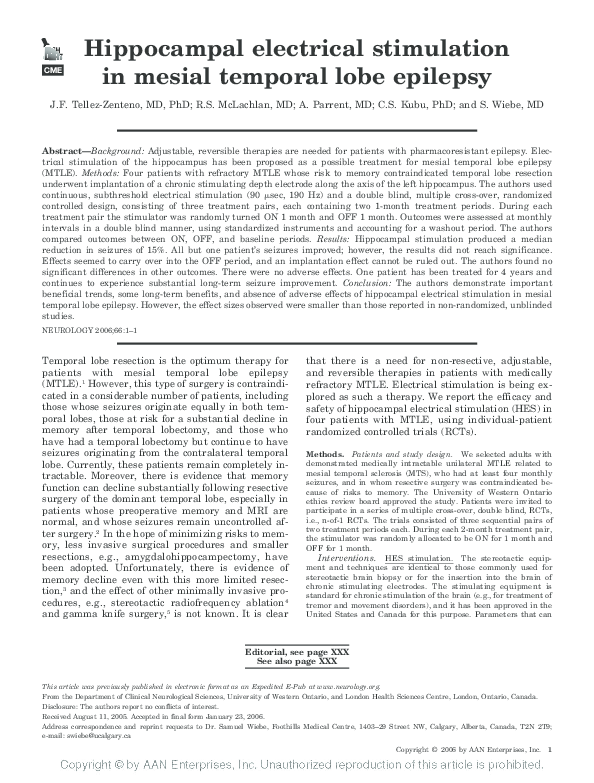 (PDF) Hippocampal electrical stimulation in mesial temporal lobe epilepsy