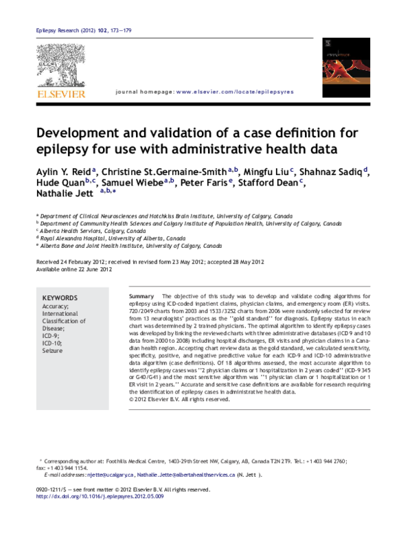 (PDF) Development and validation of a case definition for epilepsy for use with administrative ...
