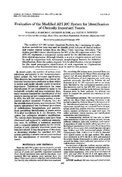 (PDF) Evaluation of the modified API 20C system for identificaton of clinically important yeasts