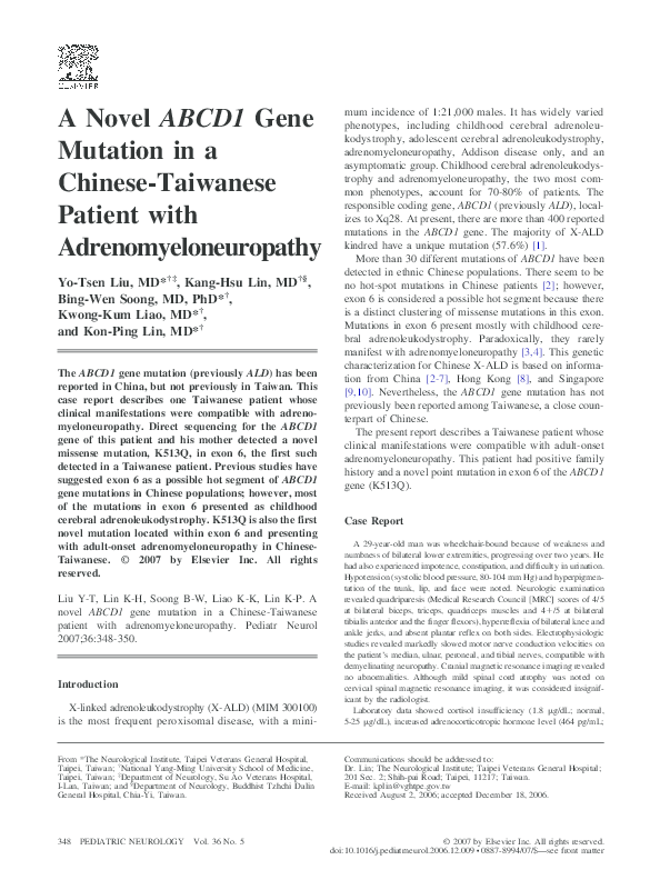 (PDF) A Novel ABCD1 Gene Mutation in a Chinese-Taiwanese Patient with ...