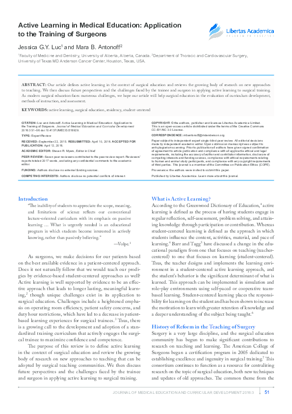 (PDF) Active Learning in Medical Education: Application to the Training ...