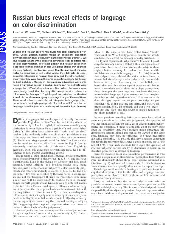 (PDF) Russian blues reveal effects of language on color discrimination