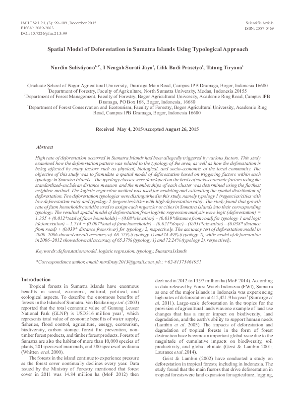 Pdf Spatial Model Of Deforestation In Sumatra Islands Using