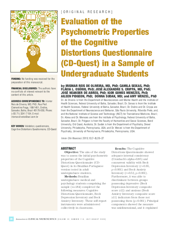 (PDF) Evaluation of the Psychometric Properties of the Cognitive ...