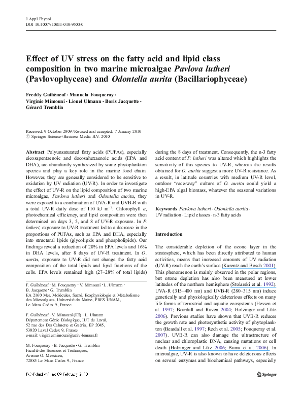 (PDF) Effect of UV stress on the fatty acid and lipid class composition ...