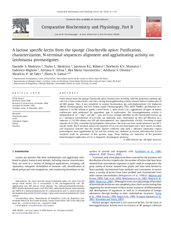 (PDF) CvL, a lectin from the marine sponge Cliona varians: Isolation ...