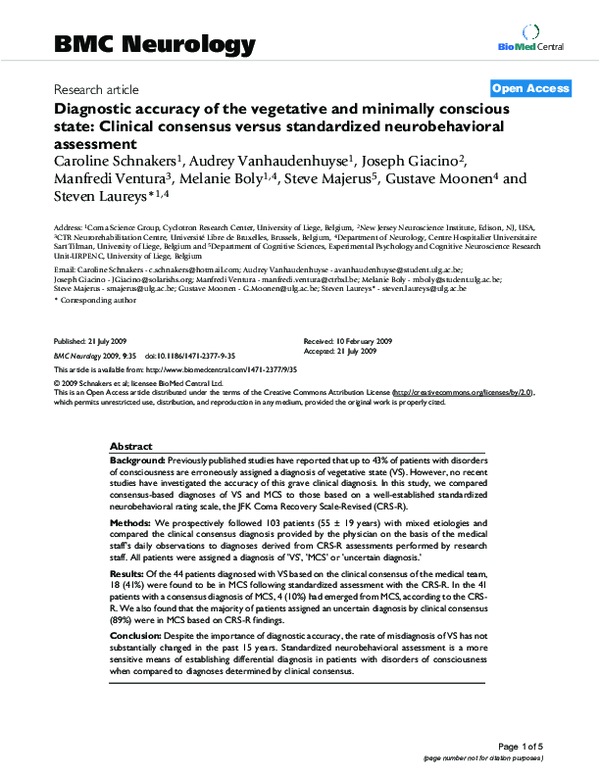 (PDF) Diagnostic accuracy of the vegetative and minimally conscious ...
