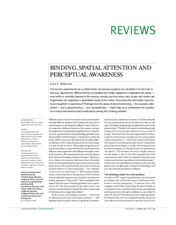 (PDF) Feature binding and spatial awareness
