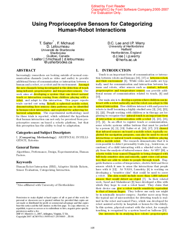 Pdf Using Proprioceptive Sensors For Categorizing Human Robot Interactions