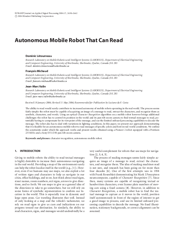 (PDF) Autonomous Mobile Robot That Can Read