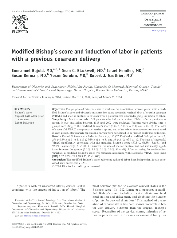 (PDF) Modified Bishop's score and induction of labor in patients with a ...