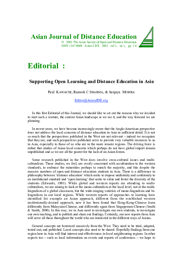 (PDF) Supporting open learning and distance education in Asia