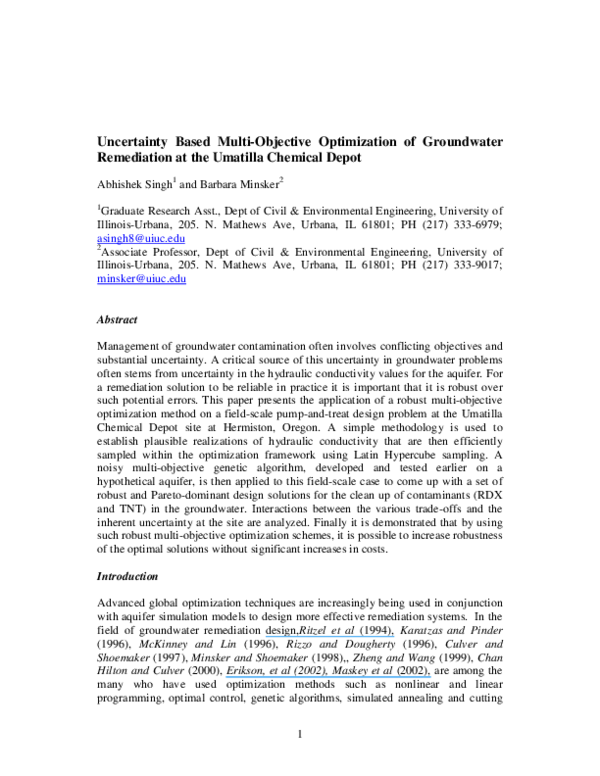 (PDF) Uncertainty-based multiobjective optimization of groundwater remediation design