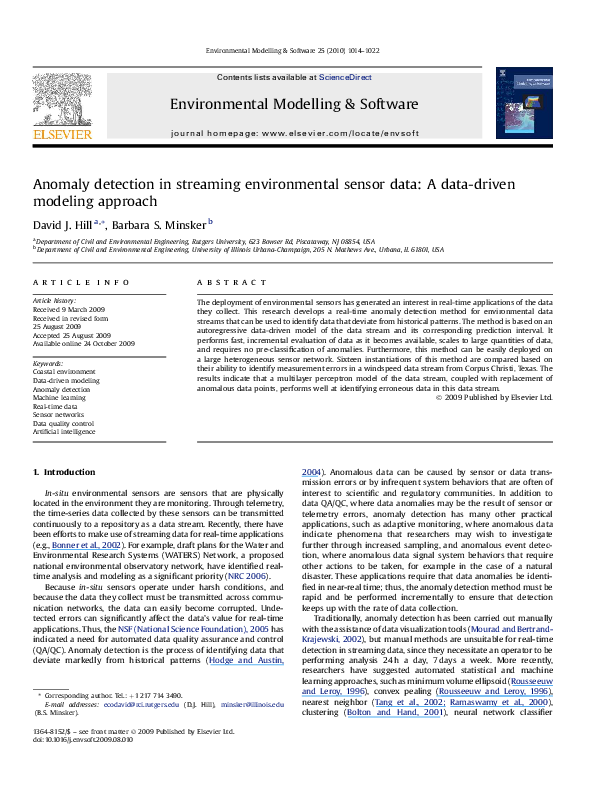 (PDF) Anomaly detection in streaming environmental sensor data: A data-driven modeling approach