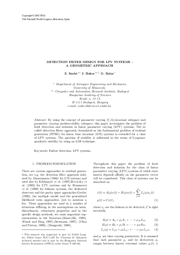 (PDF) Detection filter design for LPV systems - a geometric approach