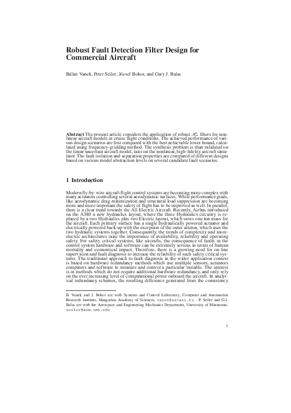 Pdf Geometric Lpv Fault Detection Filter Design For Commercial Aircrafts Jozsef Bokor 