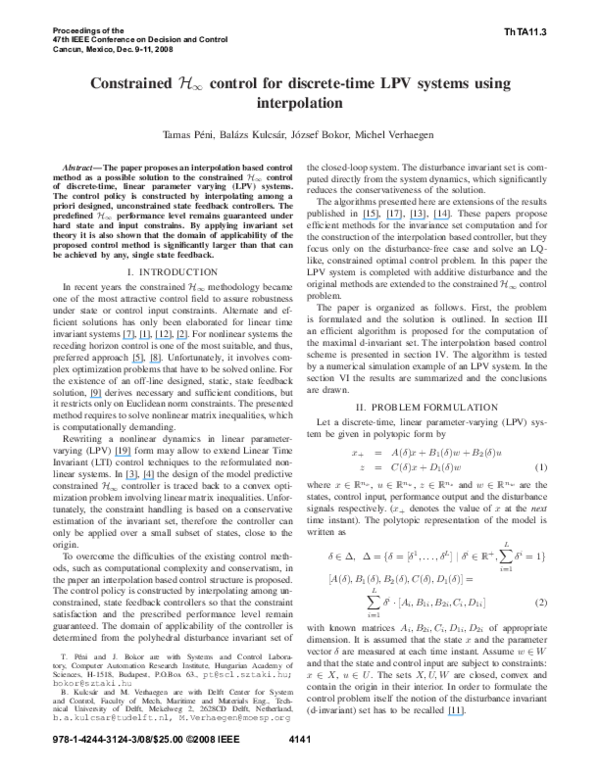 Pdf Constrained H ∞ Control For Discrete Time Lpv Systems Using