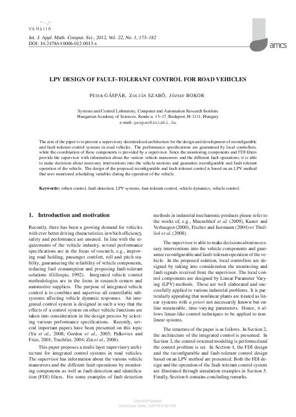 (PDF) LPV design of fault-tolerant control for road vehicles | Zoltán ... (PDF) LPV design of fault-tolerant control for road vehicles | Zoltán ...
