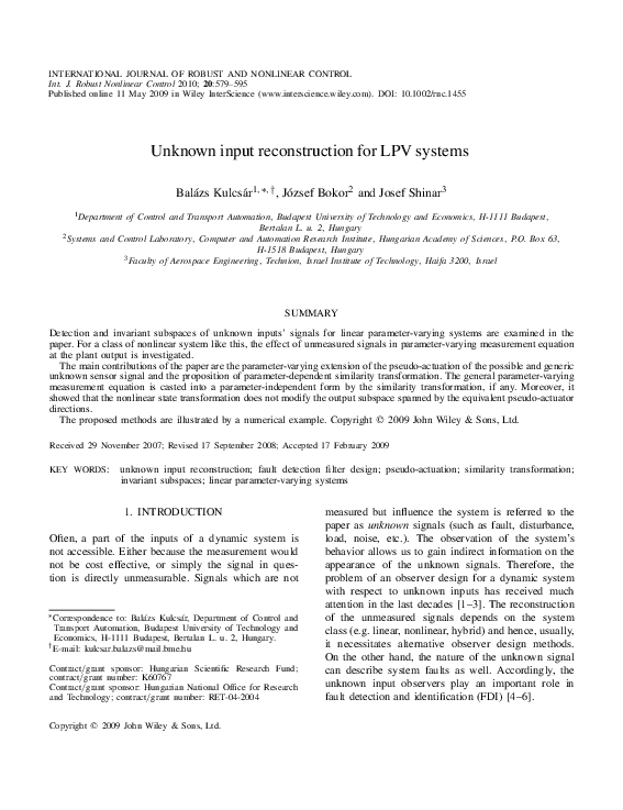 (PDF) Unknown input reconstruction for LPV systems