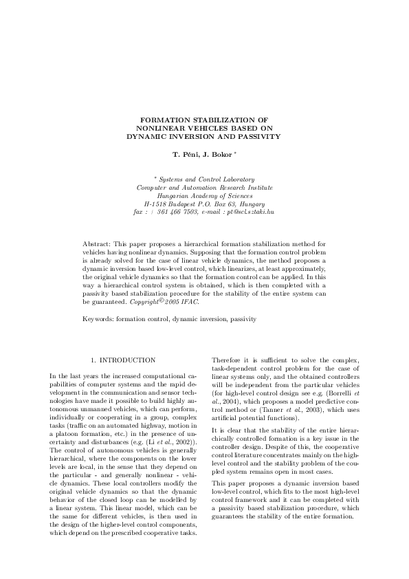 (PDF) Formation stabilization of nonlinear vehicles based on dynamic inversion and passivity