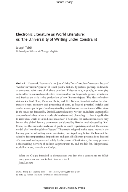 (PDF) Electronic Literature as World Literature; or, The Universality ...